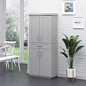 HOMCOM Modern Kitchen Pantry Freestanding Cabinet Cupboard with Doors and Drawer, Adjustable Shelving, Grey