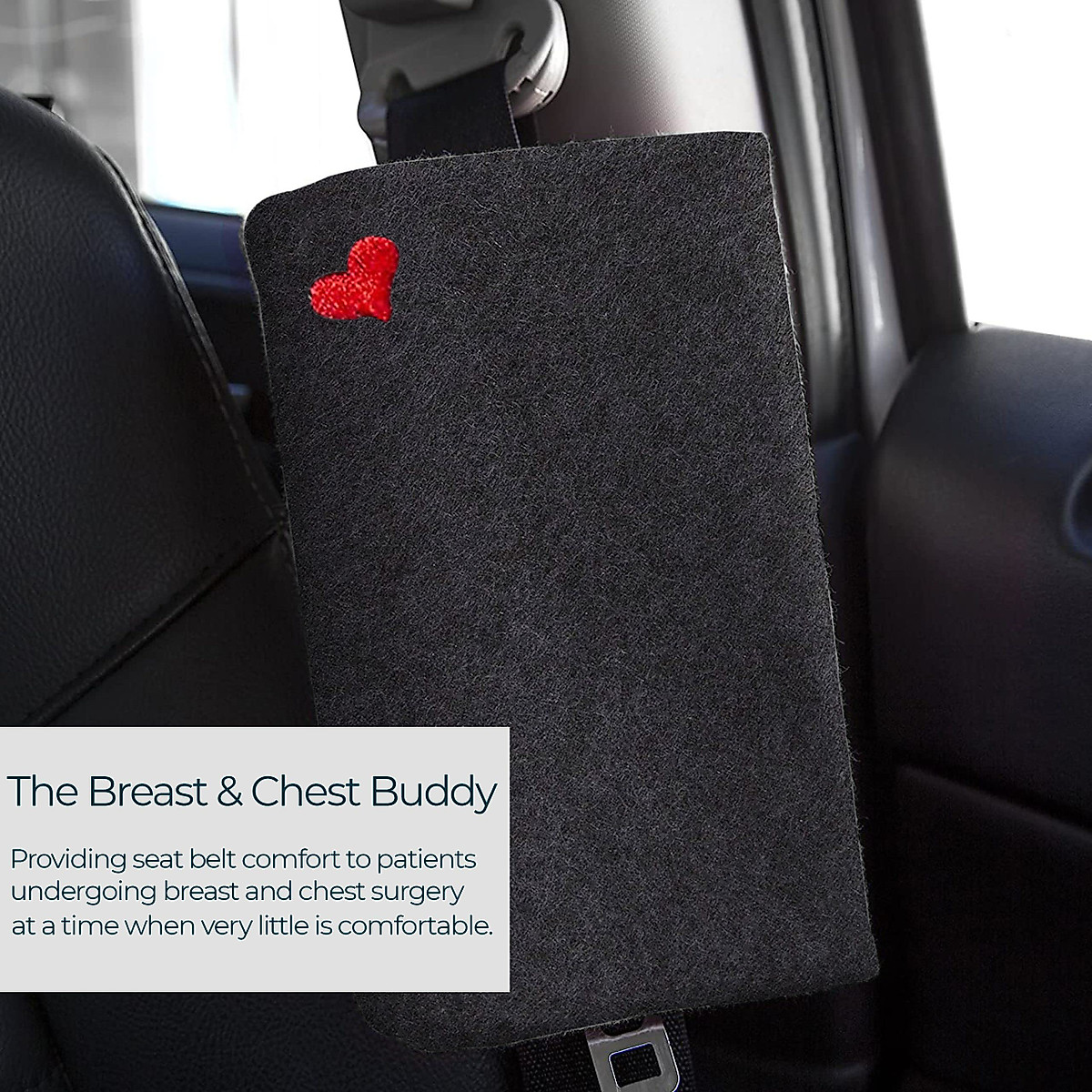The Breast & Chest Buddy Seatbelt Cushion for Open Heart Surgery and Chest Reconstruction Sites- Charcoal with Small Red Heart
