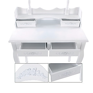 The Urban Port Ren 30-Inch 3-Piece Vanity Desk Set with Rotating Mirror and Matching Stool, 4 Drawers, Solid Wood, Pure White