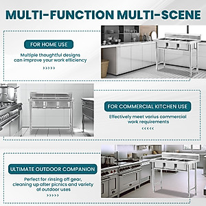 Loccdaok 3 Compartment Utility Sink Stainless Steel Commercial Kitchen Sink Free Standing Triple Bowl Laundry Room Outdoor Garage Sink for Restaurant, Kitchen, Bar, 39" x 20" Triple Bowl