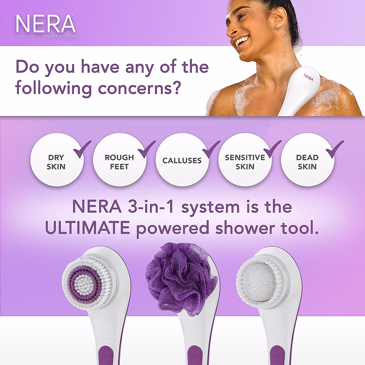 Spa Sciences - NERA - Power Shower Brush - 3-in-1 Multifunction Back & Body Brush - Exfoliation, Cleansing, Massaging - for All Skin Types - Includes Body Brush, Loofah, & Pumice Stone - USB Charging