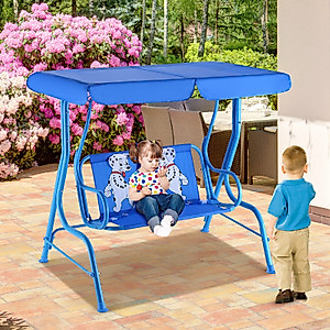 HONEY JOY Kids Patio Swing, 2-Seater Outdoor Porch Swing Lounge Chair W/Canopy & Safety Belt, All Weather Resistant Waterproof Hanging Swing Bench for Patio Garden Poolside Balcony(Blue Puppy)