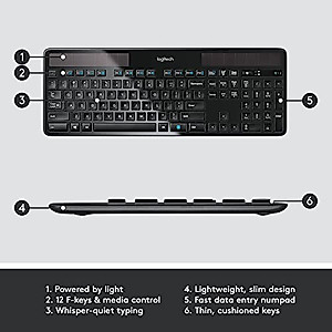 Logitech K750 Wireless Solar Keyboard for Windows, 2.4GHz Wireless with USB Unifying Receiver, Ultra-Thin, Compatible with PC, Laptop - Black