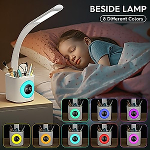 Hokone Desk Lamps for Home Office, LED Desk Lamp with Pen Holder, 10W Study Lamp with USB Adapter, Gooseneck White Desk Lamp Dimmable, RGB Touch Night Light for Kids