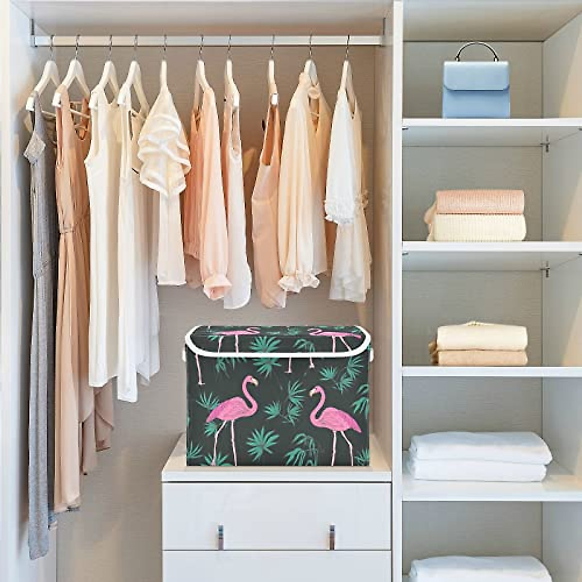 CaTaKu Pink Flamingo Palm Leaves Storage Bins with Lids and Handles, Fabric Large Storage Container Cube Basket with Lid Decorative Storage Boxes for Organizing Clothes