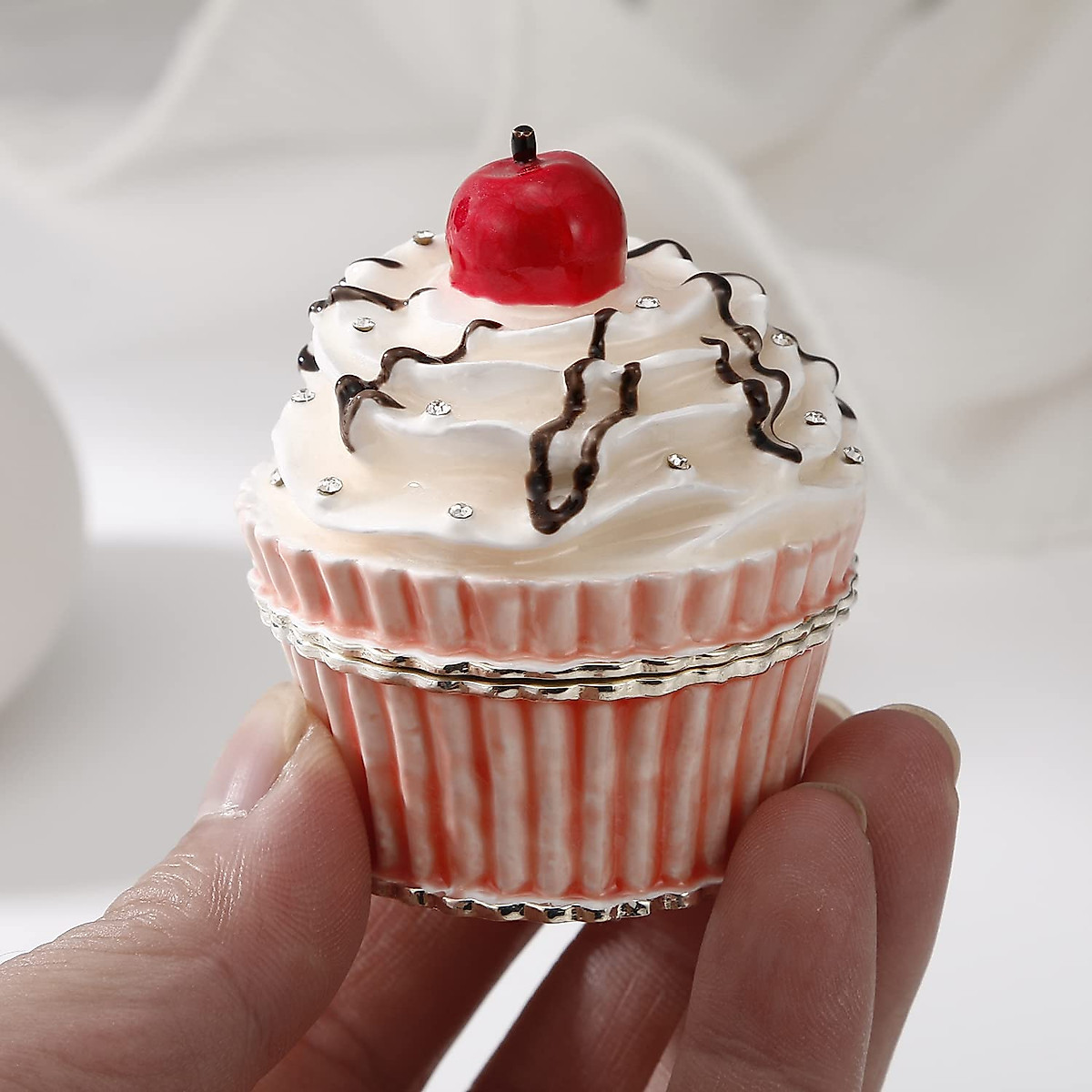 Hand Painted Enamel Trinket Box, Hinged Jewelry Organizer Mini Ring Earrings Storage, Unique Home Decor Figurine Keepsake Collectible, Personalized Elegant Handmade Ornament (Cupcake)