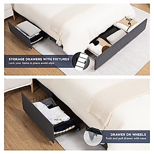 COMHOMA Bed Frame Queen Size with Type-C & USB, Queen Size Bed Frame with 3 Storage Drawers, Upholstered Bed Frame Queen with Wingback Headboard, Steel Slats Support, Dark Grey