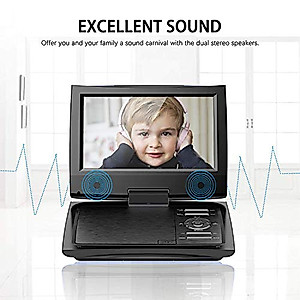 SUNPIN 11" Portable DVD Player for Car and Kids with 9.5 inch HD Swivel Screen, 5 Hour Rechargeable Battery, Dual Earphone Jack, Supports SD Card/USB/CD/DVD, with Extra Headrest Mount Case (Black)