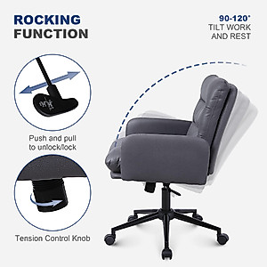 Modern Mid Back Computer Desk Chair with Wheels, Adjustable Home Office Chair, Ergonomic Upholstered Swivel Chair, Grey
