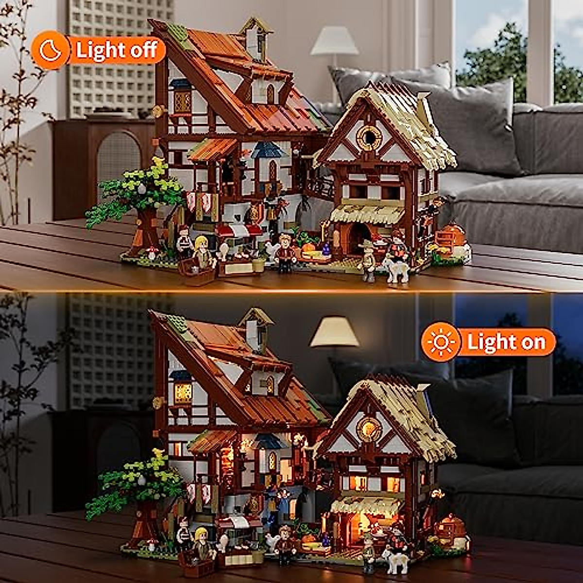 FUNWHOLE Medieval-Market Lighting Building-Bricks Set - Medieval Town LED Light Construction Building Model Set 2614 Pcs for Adults and Teen