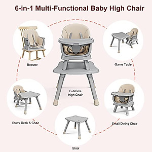 UMOMO Baby High Chair, 6-in-1 Convertible Highchair for Babies and Toddlers/Table and Chair Set/Toddler Chair with Safety Harness, Khaki