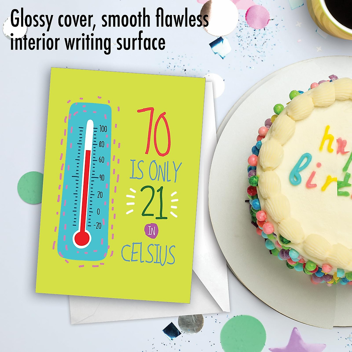 NobleWorks - 70th Birthday Card Funny - 70 Year Old Humor Notecard, Milestone Birthdays Celebration - In Celsius 70 C9350MBG