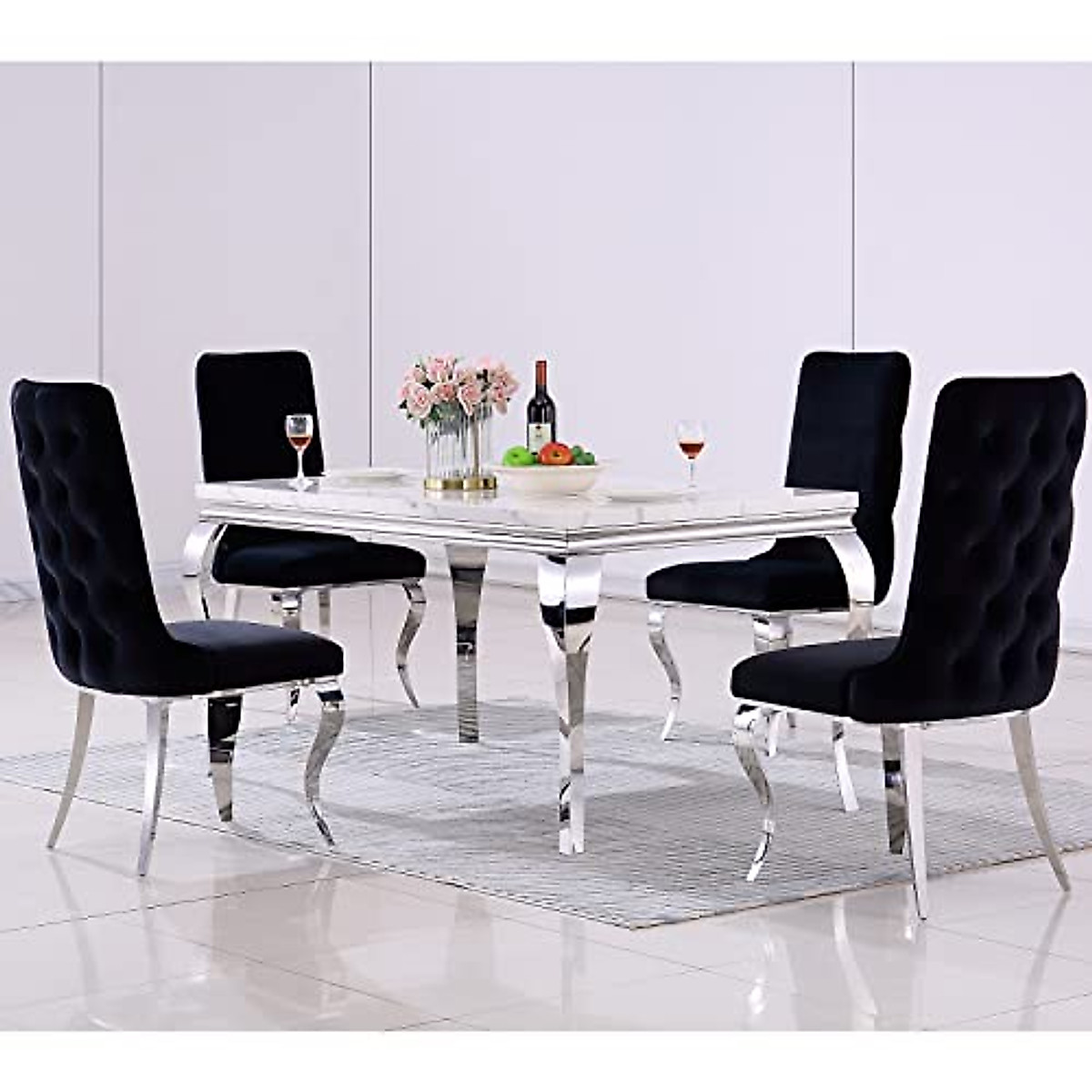 AZhome Dining Chairs, Black Velvet Upholstered Dining Room Chairs in Buttons Tufted Backrest, High Back Heavy Duty Dining Chair with Silver Mirrored Stainless Steel Legs, Set of 6