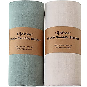 LifeTree Baby Swaddle Blankets, Muslin Swaddle Blankets Boys Girls Baby Muslin Swaddling Wrap Receiving Blanket Neutral for Newborn, Organic Cotton, Large 47 x 47 inches, Solid Color, 2 Pack