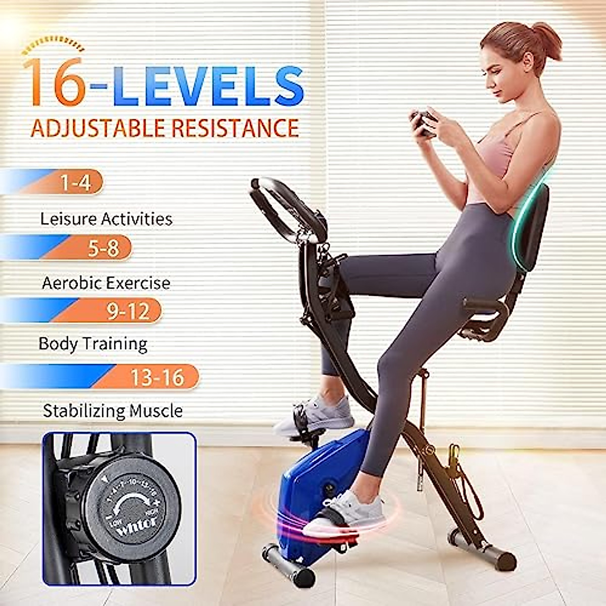 WHTOR Stationary Bike 4 in 1 Foldable Exercise Bike for Home with Pulse Sensor and 16 Level Adjustable Magnetic, Workout Cycling Upright Bike with Arm and Leg Resistance Band for Seniors