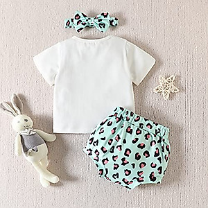 Noubeau Infant Baby Girl Easter Outfits Bunny Rabbit Print T-Shirt Tops Leopard Bloomer Shorts Bow Headband Summer Clothes (Turquoise, 6-9 Months)