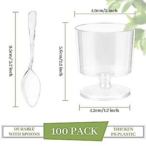 TOFLEN Mini Dessert Cups with Spoons 200 Pcs I Serves 100 I Disposable Mini Appetizer Cups 2 Oz Small Clear Plastic Wine Glasses Goblet Mousse Cups for Mini Desserts, Pudding, Trifle