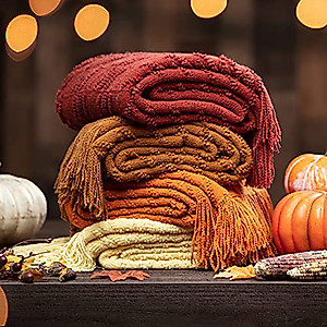 Chanasya Orange Throw Blanket with Tassels - Acrylic Knitted Super Soft Warm Cozy Lightweight Chic Boho Pumpkin Blanket for Fall Bed Sofa Chair Couch Cover Living Bed Room (50x65 Inches) Orange