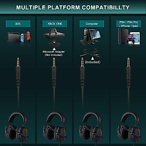 Gaming Headset Headphones with Microphone for Nintendo Switch Xbox One PS4, 4 Speaker Drivers Wired Headset with RGB Light, Noise Canceling Bass Surround Soft Memory Earmuffs for PC Controller PS5