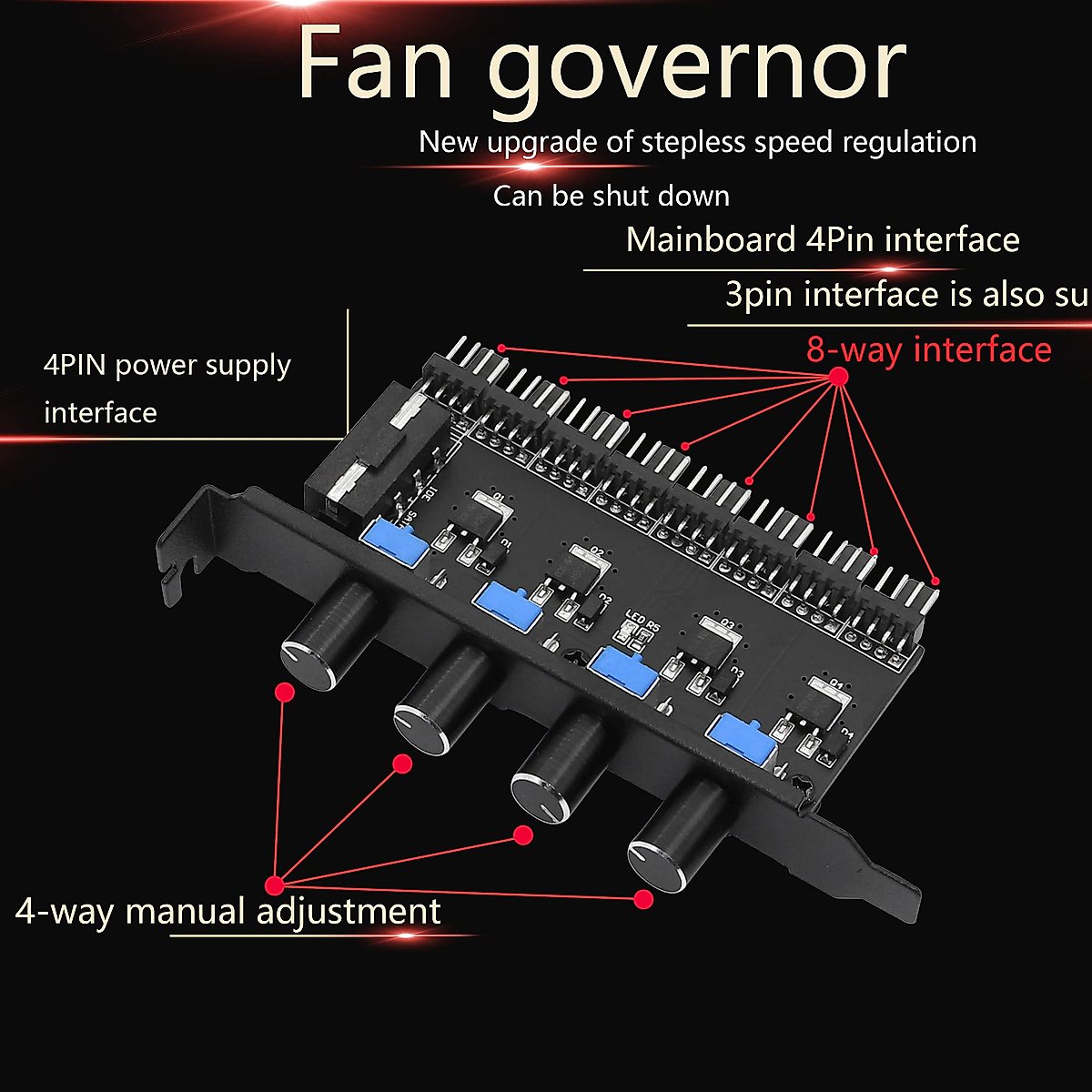 SinLoon 4 Knob Cooling Fan Speed Controller PC 8 Channels Fan Hub for CPU Case HDD VGA PWM Fan PCI Bracket 12V Fan Control- 4Pin Interface Power Supply ( 4 Pin 4Knob )