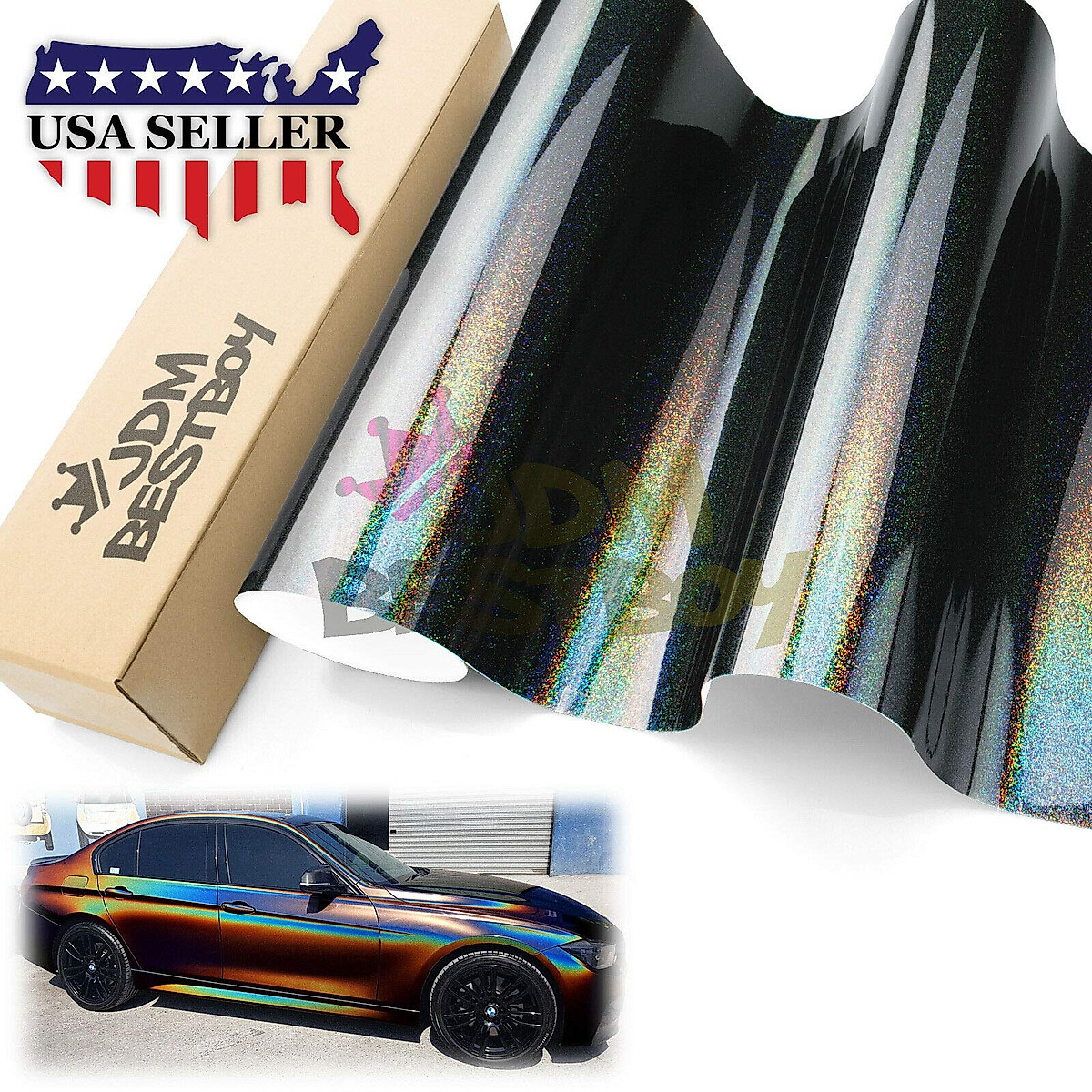 JDMBESTBOY 4"x8" Sample Psychedelic Black Gloss Metallic Rainbow Holographic Vinyl Wrap Sticker Film