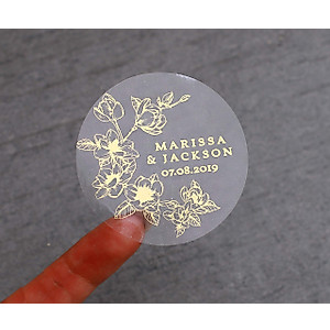 XOXOKristen Custom Wedding Stickers for Favors, Clear Wedding Envelope Seals, Gold Wedding Stickers for Favors, Personalized Floral Rose Gold Wedding Favors Stickers Labels, Custom Name Stickers