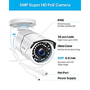 ZOSI ZG2615E 5MP PoE IP Camera Bullet Camera with Night Vision for Outdoor Indoor Power Over Ethernet Surveillance System,Only Work with ZOSI PoE NVR,ZR16DK,ZR08EN,ZR08DN,ZR08PN