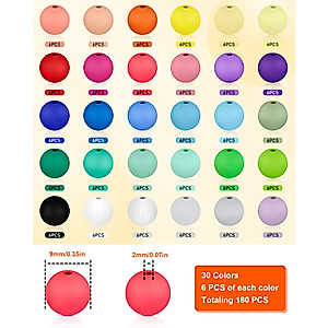 180PCS FIVEIZERO Small Silicone Beads, 30 Colors 9mm Silicone Beads Focal Beads Rubber Round Beads Mixed Color Silicone Beads Bulk for DIY and Keychain Accessories Silicone Beads Crafts Making