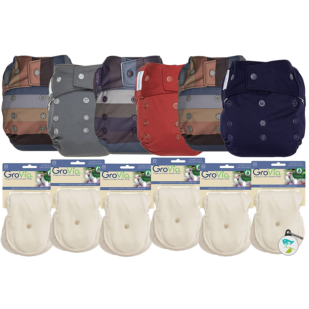 GroVia Hybrid Part Time Package: 6 Shells + 12 Organic Cotton Soaker Pads (Color Mix 7 - Snap)