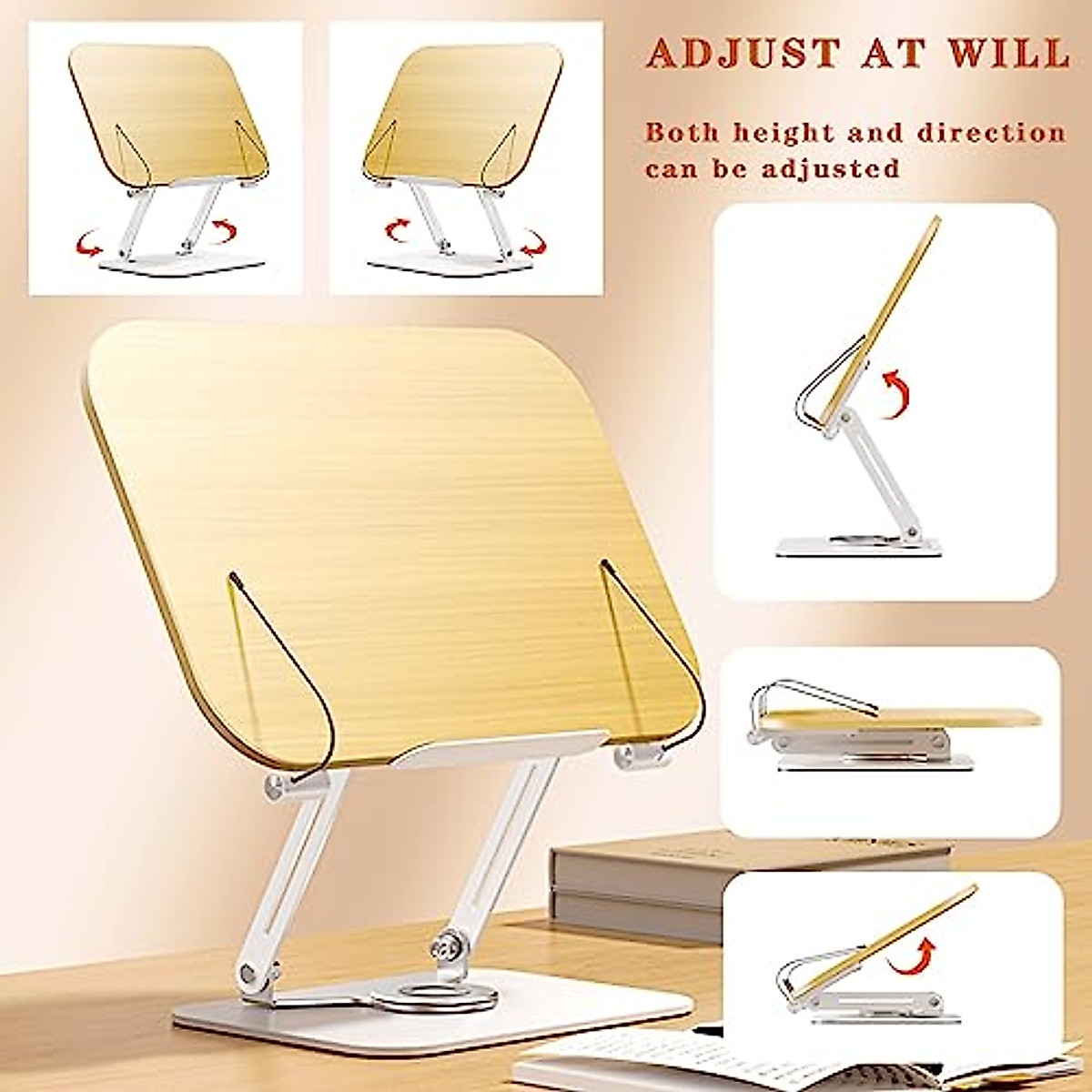 Book Stand for Reading Hands Free,Multi-Angle Adjustable Book Holder Stand with 360° Rotating Base & Page Clips,Foldable Cookbook Stand for Laptop Display Textbook Recipe Book Document Sheet Music