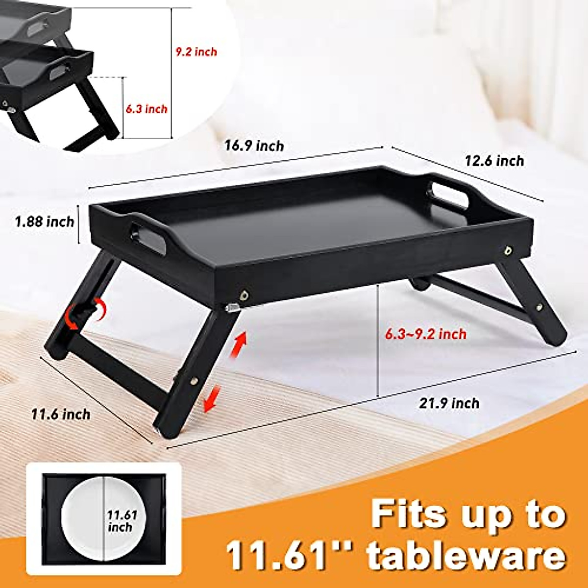 Greenual Breakfast Bed Tray for Eating with Adjustable Height Serving Tray with Folding Legs Food Tables with Locking Legs Phone Holder Portable Laptop Snack Platter for Bedroom Picnic - Black