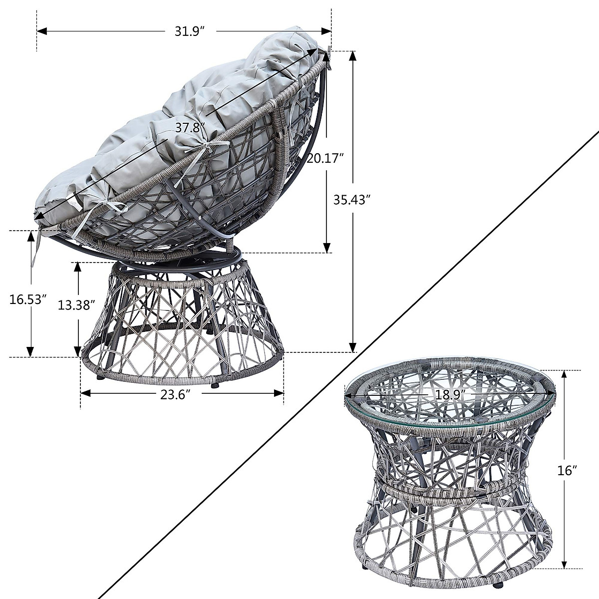 MCombo Patio Wicker Papasan Swivel Chair Sectional Set with Cushion and Frame Base Rattan Comfy Outdoor Loveseat Gray Outdoor Indoor,Dorm,Living Room for 2 Person 6081-PC03-EY