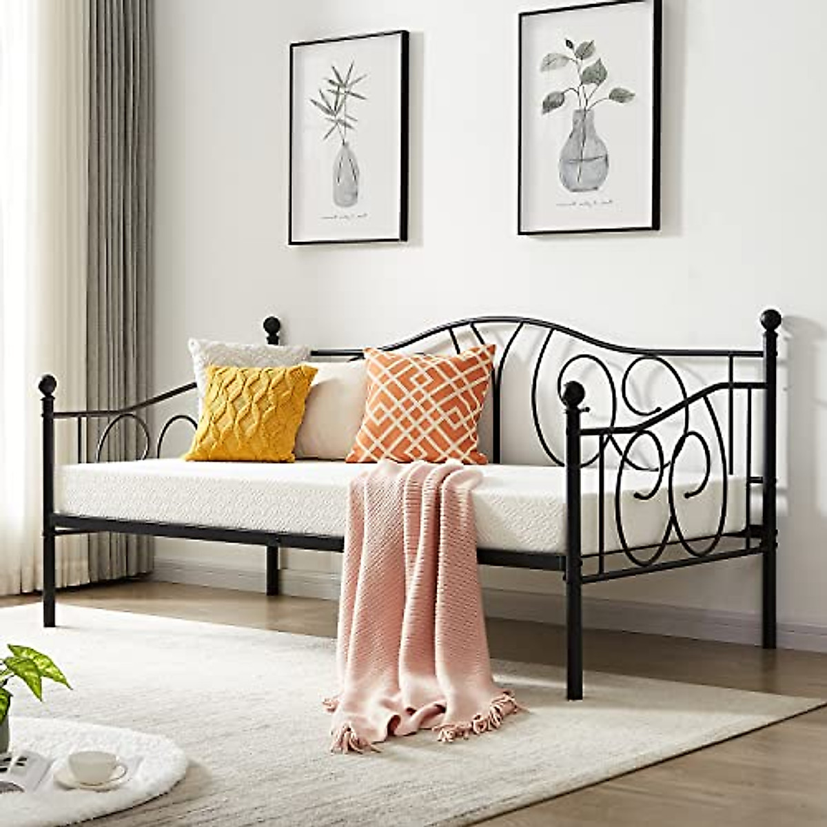 VECELO Metal Daybed Frame Multifunctional Platform Bed Sofa Mattress Foundation with Deluxe Headboard, Twin, Black