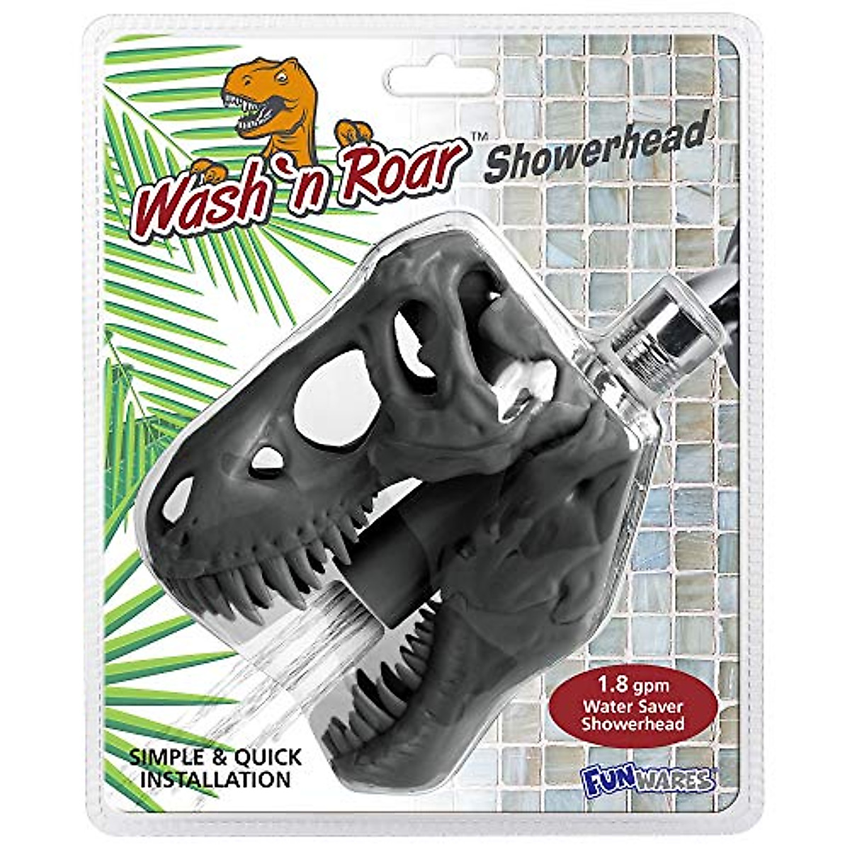Funwares Wash n' Roar T-Rex Shower Head, Gray - Shower Nozzle Shaped like a Tyrannosaurus Rex Skull