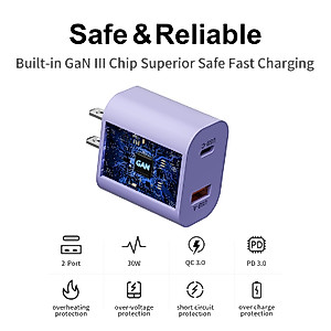 30W GaN Charger for iPhone [Apple MFI Certified], USB C Dual Port Fast Charging Block Wall Plug Power Adapter with 5ft USB A to Lightning Cable Cord for iPhone 14 13 12 11 Mini Pro Max 8 7 6 Plus