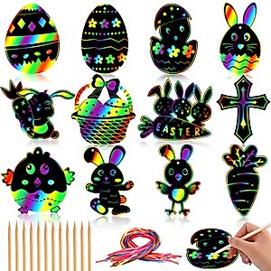 JULMELON Easter Crafts for Kids, 36 Pack Magic Rainbow Scratch Paper Kit Cute Bunny Scratch Art for Kids Easter Party Favors Gifts Egg Basket Stuffers