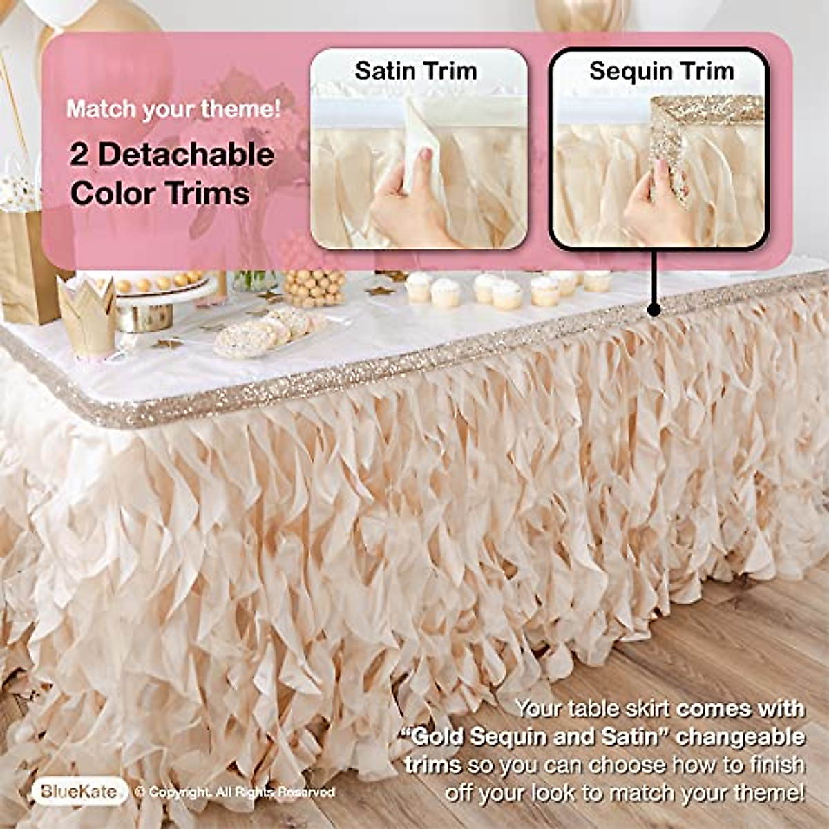 Bluekate Champagne Gold Table Skirt 6ft. Double Organza, Two Trims Party Tutu Table Skirt! Wedding Decorations Rustic Theme, Graduation, Gold Party Decorations. Table Skirts for Rectangle Tables 6ft