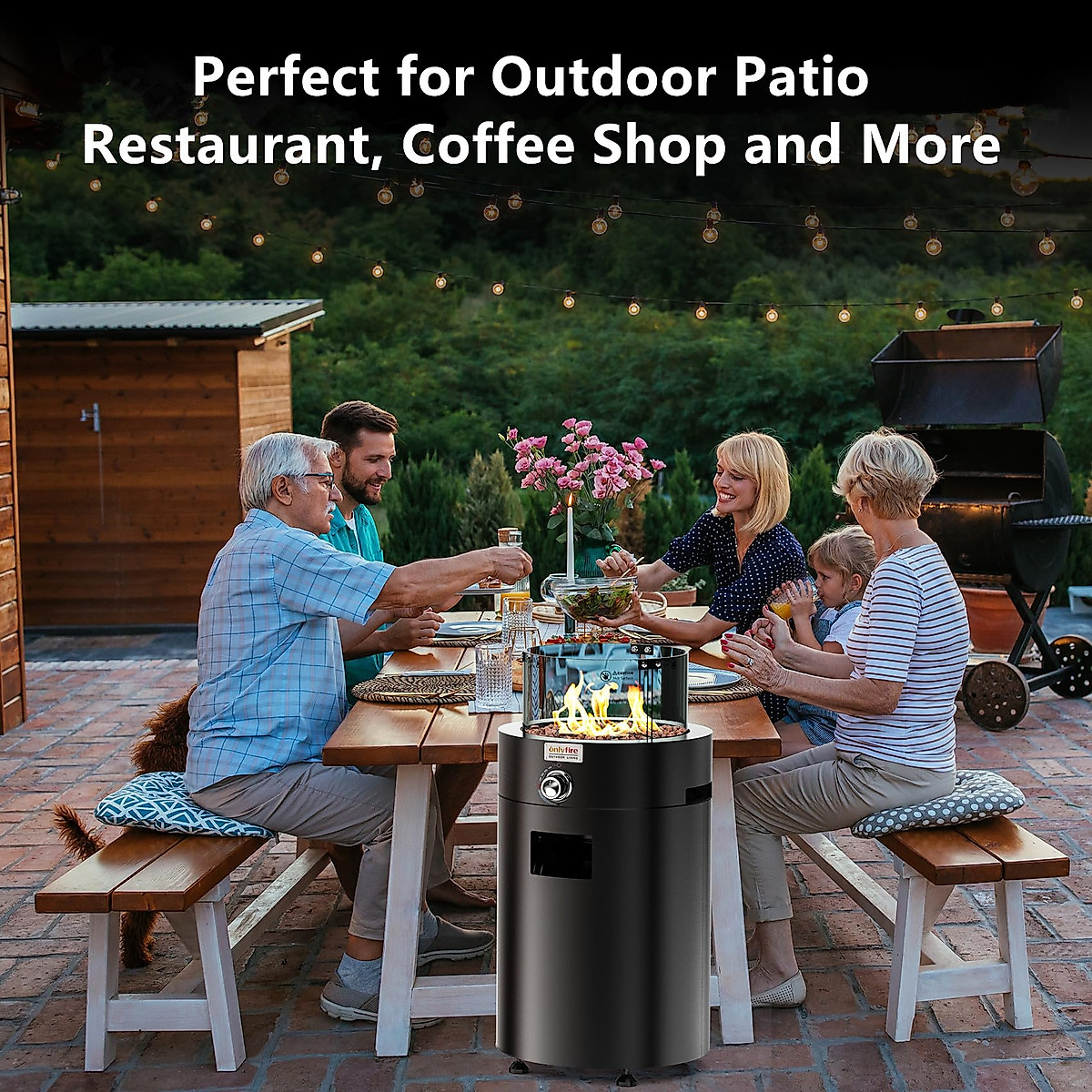 Onlyfire Premium Detachable Fire Pit with Lava Rocks, Glass Wind Guard & Wheels, Smokeless Propane Gas Fireplace with Tank Storage Chamber & 5FT Hose for Patio Backyard Outdoor Restaurant, 24000BTU