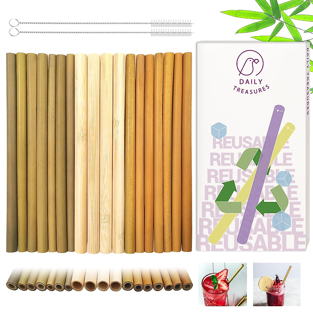 Daily Treasures 18Pcs Bamboo Drinking Straws, 7.9 Inches Natural Reusable Straws Biodegradable Bamboo Wooden Straws, Straight Boba Smoothie Straws Alternative to Plastic Straws with 2 Nylon Brushes