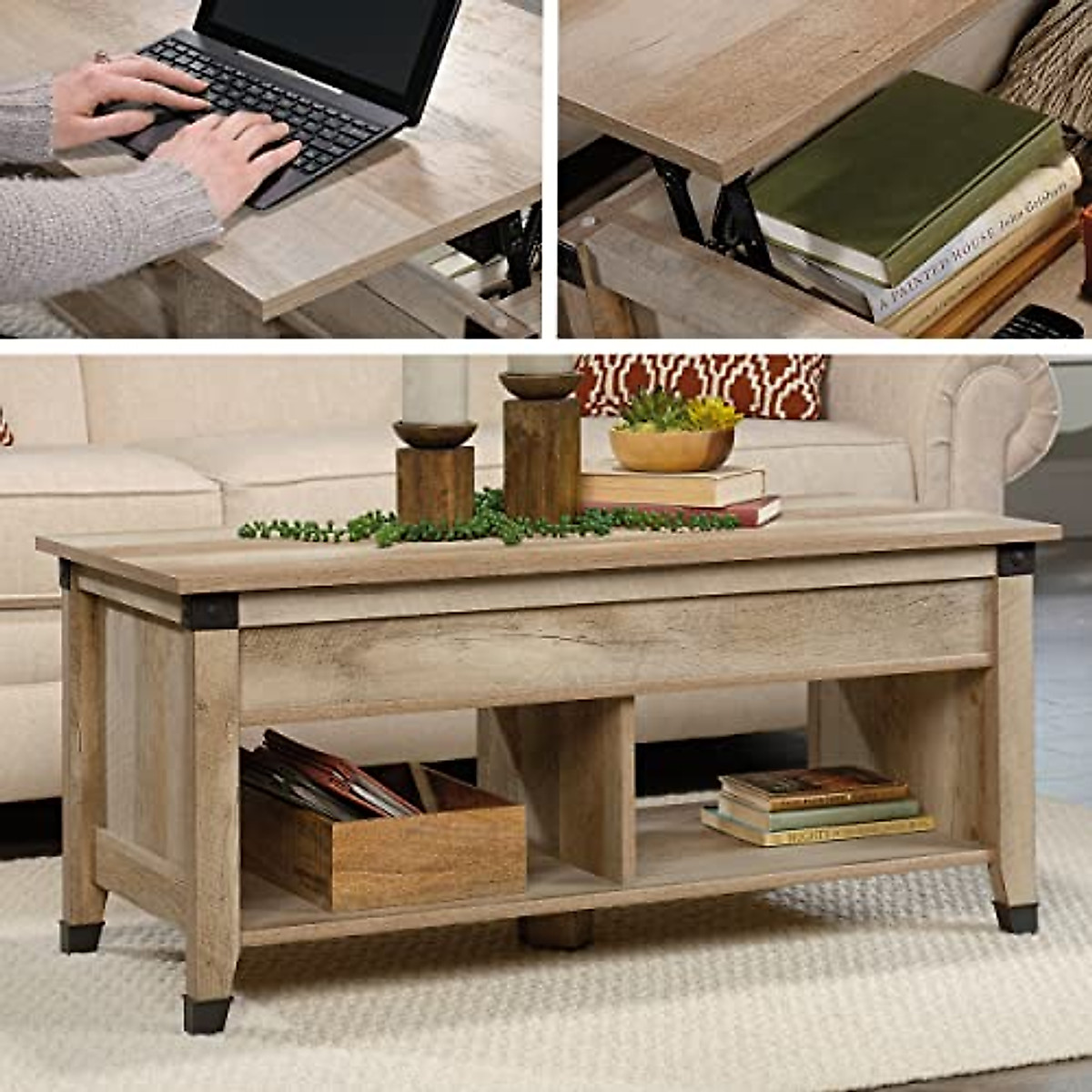 Sauder Carson Forge Rustic Lift Top Coffee Storage Industrial Living Room Table, L: 43.15" x W: 19.45" x H: 18.98", Lintel Oak Finish