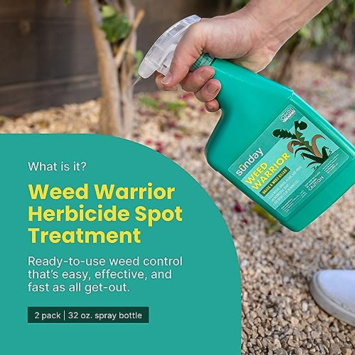 Sunday Weed Warrior, 32oz, 2 Pack - Grass & Weed Killer - Organic, Ready-to-Use Weed Killer Spray - Herbicide Spot Treatment - Kills Weeds, Grass, Algae and Moss