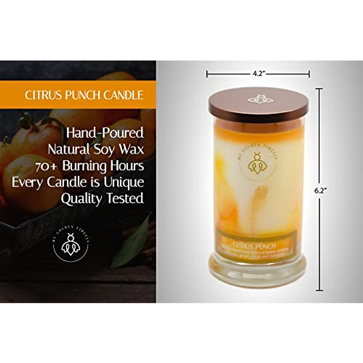 My Golden Firefly Scented Candles for Home and Spa | Citrus Punch Candle | 70+ Burning Hours, 16 Oz Large Candle | All Natural Soy Candle, Notes of Lemon Verbena, White Tea, Ginger (Citrus Punch)