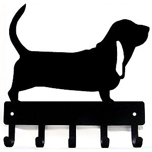 The Metal Peddler Basset Hound Key Holder & Leash Hanger for Wall - Large 9 inch Wide with 5 Hooks - Made in USA
