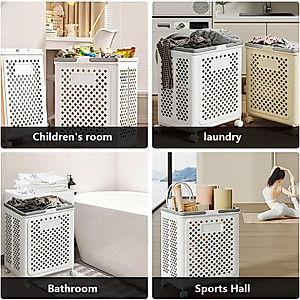 Desricy Collapsible Laundry Basket with Wheels and Handle, 50L Foldable Rolling Laundry Cart, Versatile Plastic Laundry Hamper, Dirty Clothes Hamper for Dorm, Bedroom and Bathroom, White