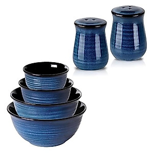 Hasense Ceramic Mixing Bowls Set, 20+40+65+84 Oz - 4PCS and Porcelain Salt and Pepper Shakers - 2PCS, Navy Blue