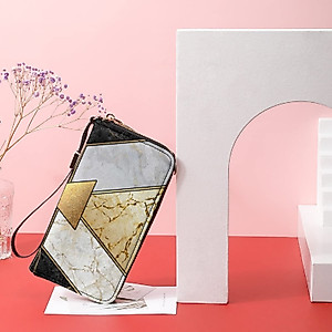 Modern Marbling Gold Black White Marble Geometric Triangle Granite Soft PU Leather Clutch Long Bifold Wallet, Coin Purse Credit Pass Case, Unisex Durable Card-Holder Slim Billfold Money Storage