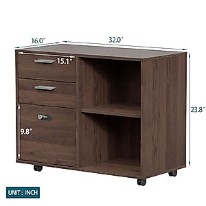 TRIPLE TREE 3-Drawer File Cabinet with Coded Lock, Printer Stand with Open Storage Shelves and 5 Universal Wheels, Mobile Lateral Filing Storage Cabinet for Home Office, Brown Oak