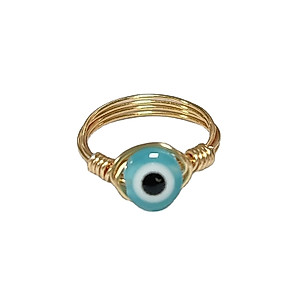 COLORFUL BLING Evil Eye Bead Knuckle Stackable Finger Ring Gold Wire Wrap Ring Healing for Women Stacking Band Ring Jewelry Twining Winding Turkish Amulet Lucky Multi Size-6 Lake