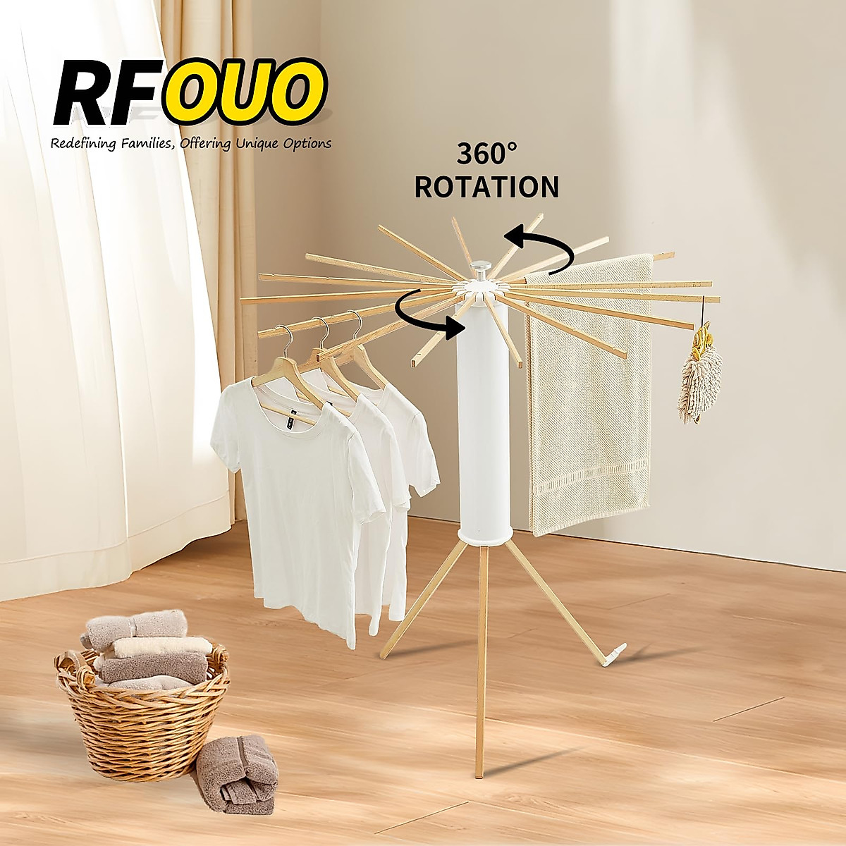 RFOUO Clothes Drying Rack Tripod,Laundry Hanger Dryer Rack,Portable Drying Rack,Foldable Drying Rack-Drying Rack Clothing Laundry Bedroom Household Wooden-16rods