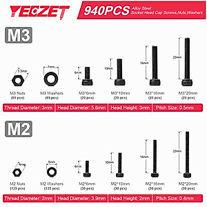 YEEZET M2 M3 M4 M5 12.9 Grade Alloy Steel Hex Socket Head Cap Screws Bolts Nuts Flat Washers Set Assortment Kit with Storage Box, Allen Socket Drive (940 PCS)